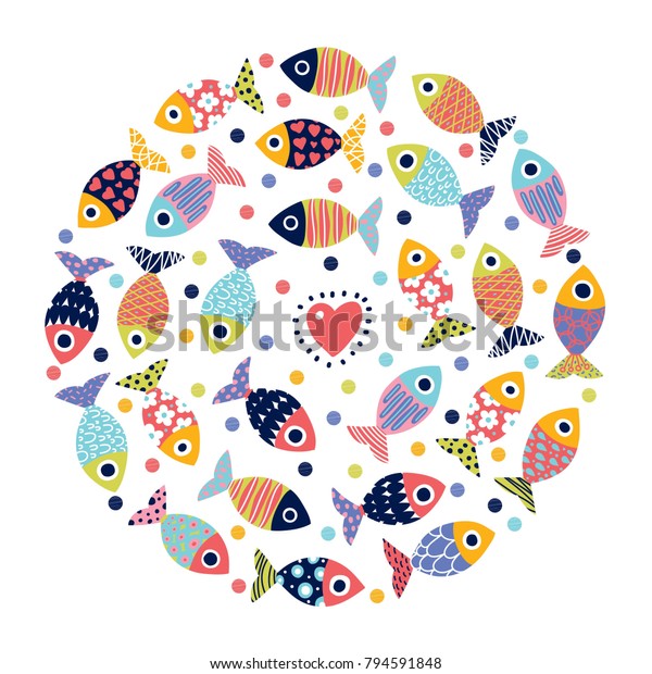 Cute Postcard Decorative Fish Around Motif Stock Vector (Royalty Free ...