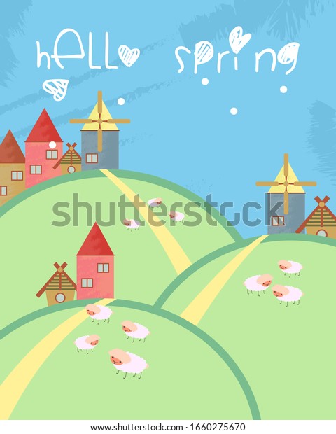 Cute Poster Springtime Cartoon Vector Illustration: เวกเตอร์สต็อก (ปลอด ...