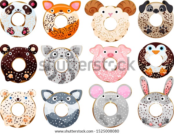 Cute Powdered Animals Donuts Set Isolated Stock Vector (Royalty Free ...