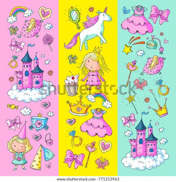 Cute Princess Icons Set Unicorn Dragon Stock Vector (Royalty Free ...