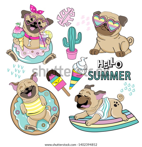 Cute Pugs On Summer Collection On Stock Vector (Royalty Free) 1402394852