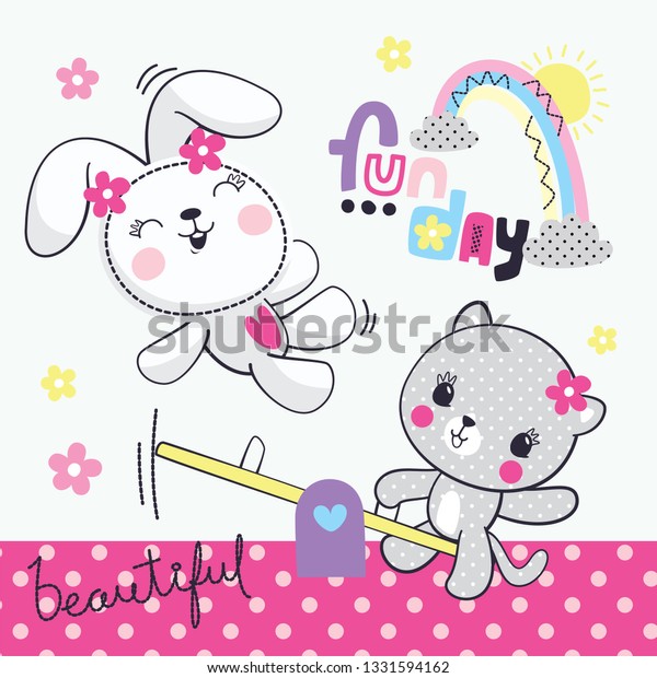 Cute Rabbit Cat Cartoon Having Fun Stock Vector (Royalty Free) 1331594162