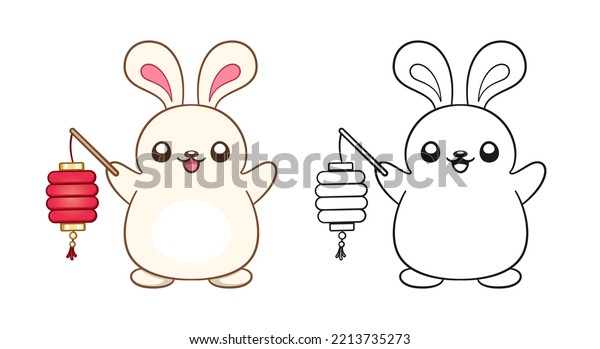 Cute Rabbit Holding Chinese Lantern Outline Stock Vector (Royalty Free ...