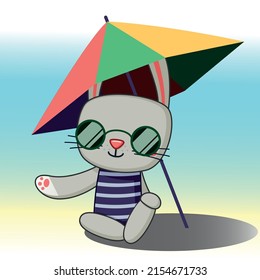 Cute Rabbit Sits Under Umbrella On Stock Vector (Royalty Free ...
