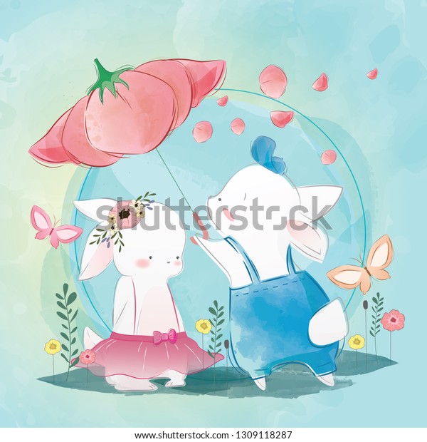 Cute Rabbit Under Umbrella Stock Vector (Royalty Free) 1309118287 ...