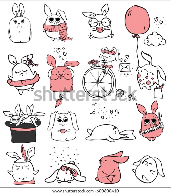 Cute Rabbits Doodle Kid Set Simple Stock Vector (Royalty Free) 600600410