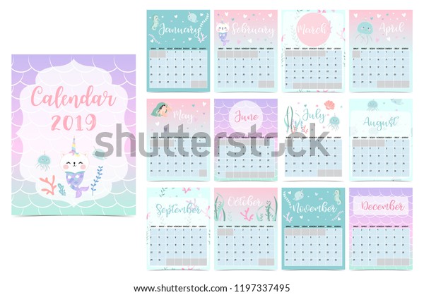 Cute Rainbow Monthly Calendar 2019 Mermaidcaticornsquidcoral Stock ...