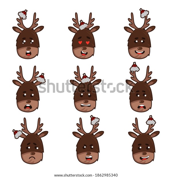Cute Reindeer Head Different Emotions Santa Stock Vector (Royalty Free ...
