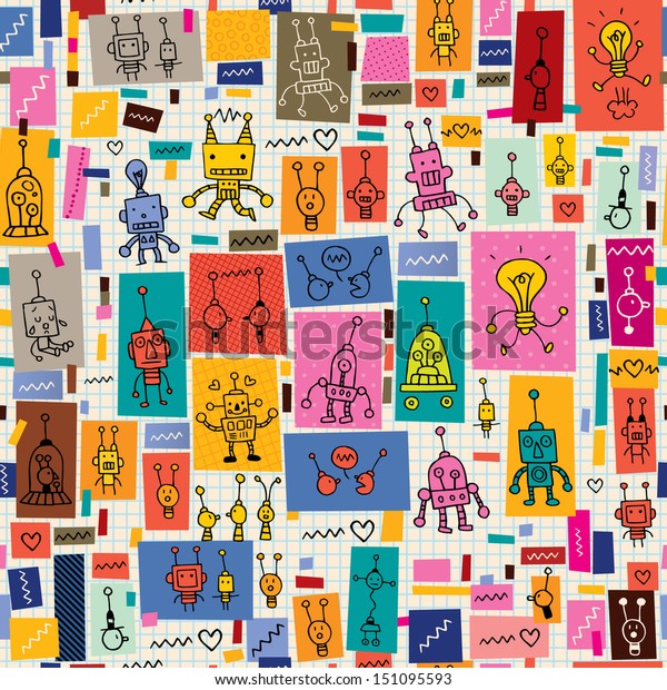 Cute Robots Collage Cartoon Retro Doodle 库存矢量图（免版税）151095593 | Shutterstock