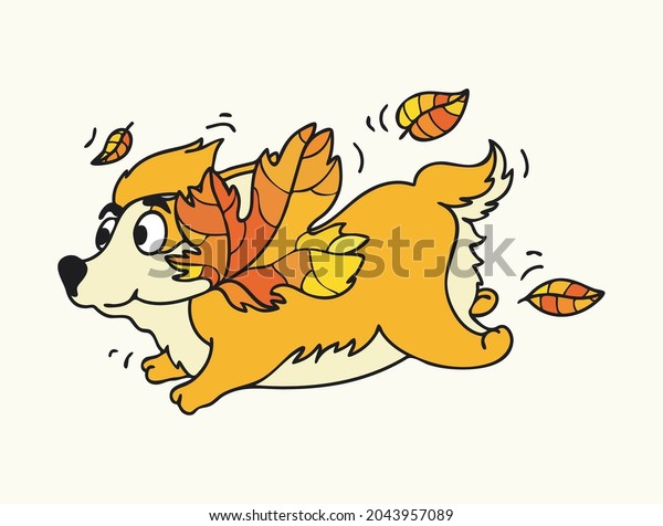 Cute Running Corgi Dog Maple Leaf Stock Vector (Royalty Free ...