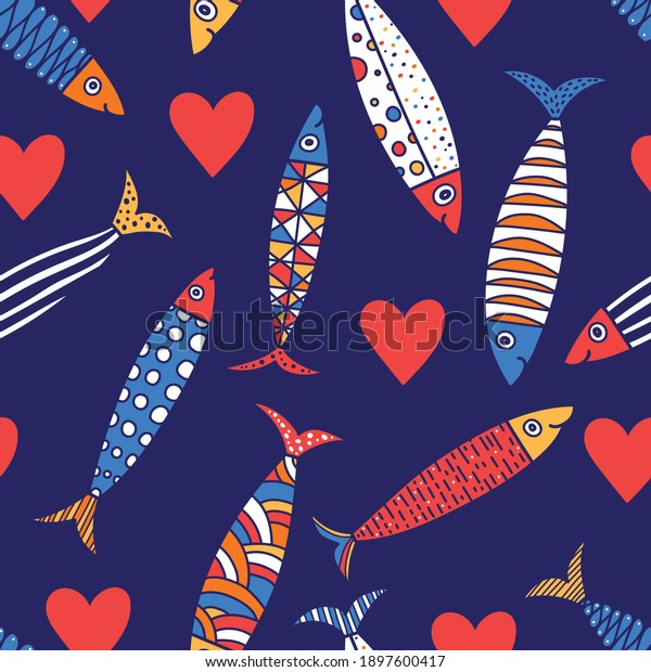 Cute Sardines Hearts Kids Background Seamless Stock Vector (Royalty ...