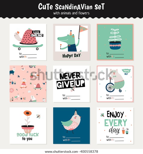 Cute Scandinavian Set Greeting Cards Gift 스톡 벡터(로열티 프리) 400558378