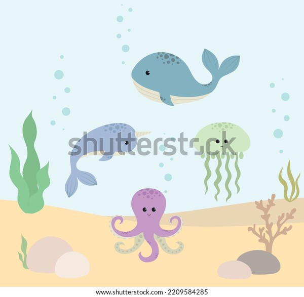 Cute Sea Animals Characters Vector Illustration Stock Vector (Royalty ...