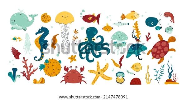 Cute Sea Creatures Underwater Animals Set 库存矢量图（免版税）2147478091 ...