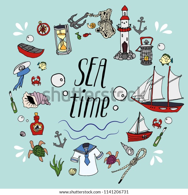 Cute Sea Objects Collection Hand Drawn Stock Vector (Royalty Free ...