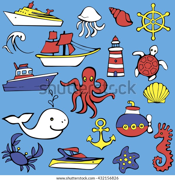 Cute Sea Objects Collection Hand Drawn: เวกเตอร์สต็อก (ปลอดค่าลิขสิทธิ์ ...