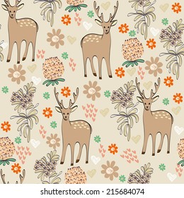 Cute Seamless Pattern Animals Floral Background Stock Vector (Royalty ...