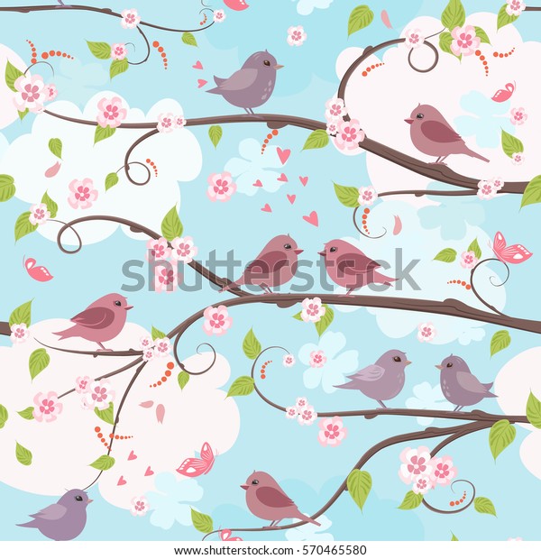 cute seamless texture with enamored birds on blossom branch of cherry ...
