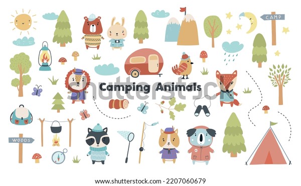 Cute Set Camping Forest Animals Scout: เวกเตอร์สต็อก (ปลอดค่าลิขสิทธิ์ ...