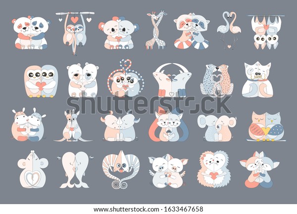 Cute Set Cartoon Hugging Animals Stickers Stock Vector (Royalty Free ...