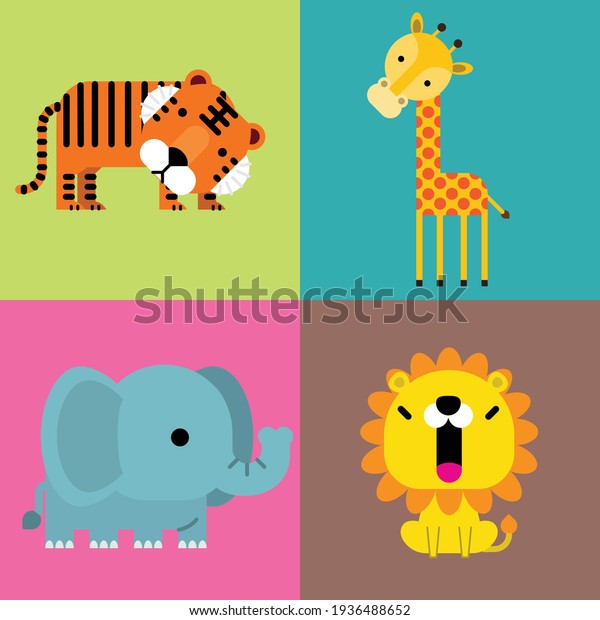 Cute Simple Cartoon Animals Tiger Giraffe Stock Vector (Royalty Free ...