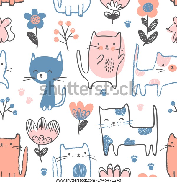 Cute Simple Cats Kittens Flowers Cartoon Stock Vector (Royalty Free ...