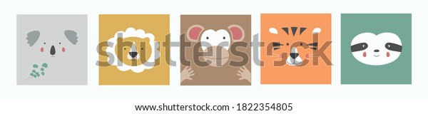 Cute Simple Portraits Animals Faces Wild Stock Vector (Royalty Free ...