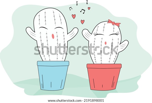 Cute Singing Cactus Couple Blue Pink Stock Vector (Royalty Free ...