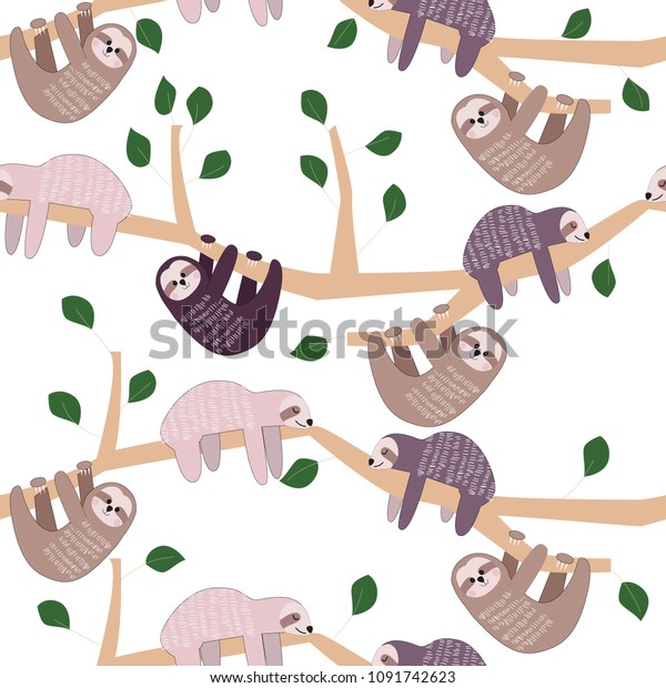 Cute Sloth Climbing Tree Cartoon Seamless Stock Vector (Royalty Free ...