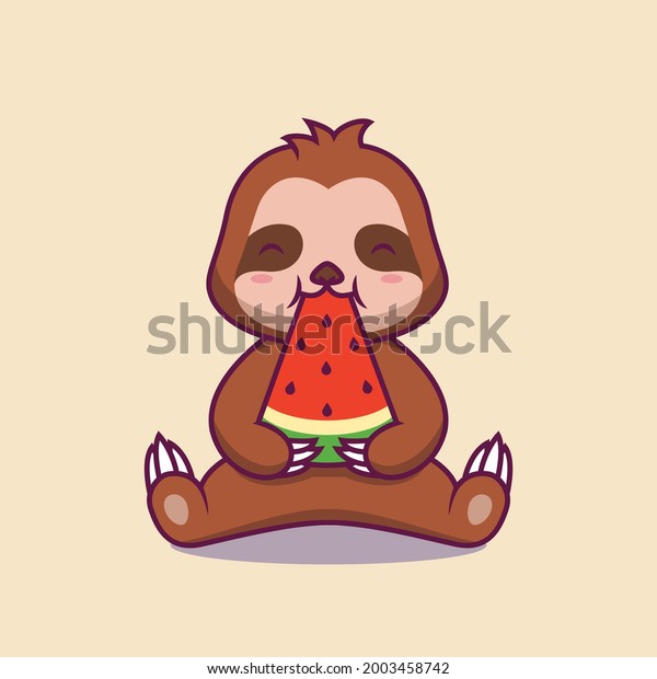 Cute Sloth Eating Watermelon Cartoon Illustration Stock Vector (Royalty ...