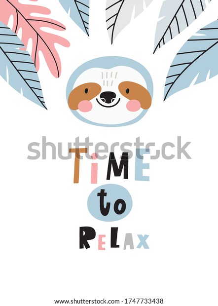 Cute Sloth Time Relax Cartoon Character Stock Vector (Royalty Free ...