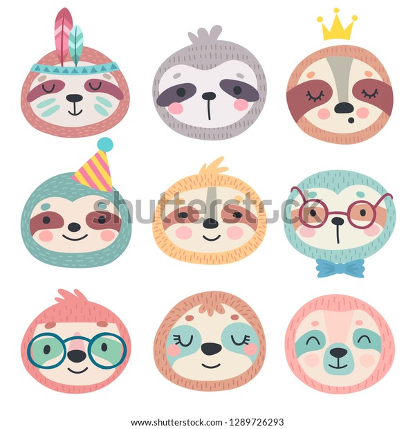 Cute Sloths Faces Hand Drawn Characters Stock Vector (Royalty Free ...