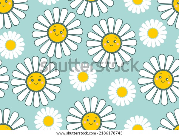 Cute Smiling Daisy Flower Seamless Pattern Stock Vector (Royalty Free ...