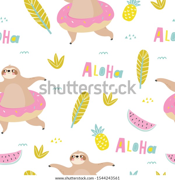 Cute Summer Sloth On Vacation Cartoon Stock Vector (Royalty Free ...