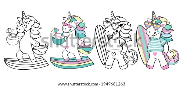 Cute Summer Unicorn Collection Vector Illustration Stock Vector ...