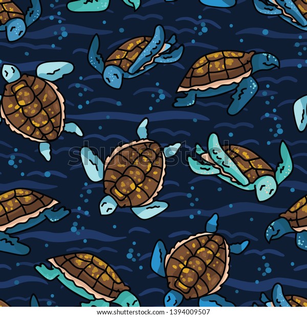 Cute swimming group of sea turtles cartoon seamless vector pattern ...