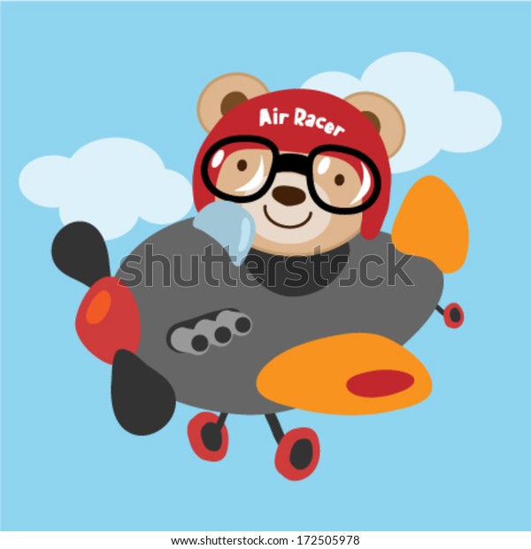 Cute teddy bear fly on an airplane . Vector illustration