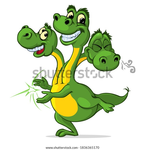 Cute three headed cartoon dragon character. Vector illustration