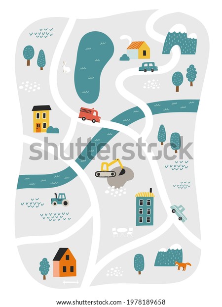 Cute town map for kid's room. Hand drawn vector illustration of a city ...