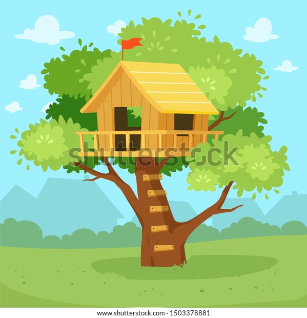 Cute Tree House Cartoon On Jungle Stock Vector (Royalty Free ...
