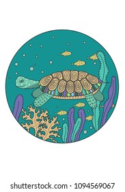 Cute Turtle Sea Circle Underwater World Stock Vector (Royalty Free ...