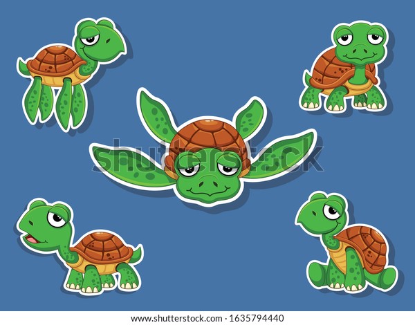Cute Turtles Cartoon Sticker Set Vector Stock Vector (Royalty Free ...