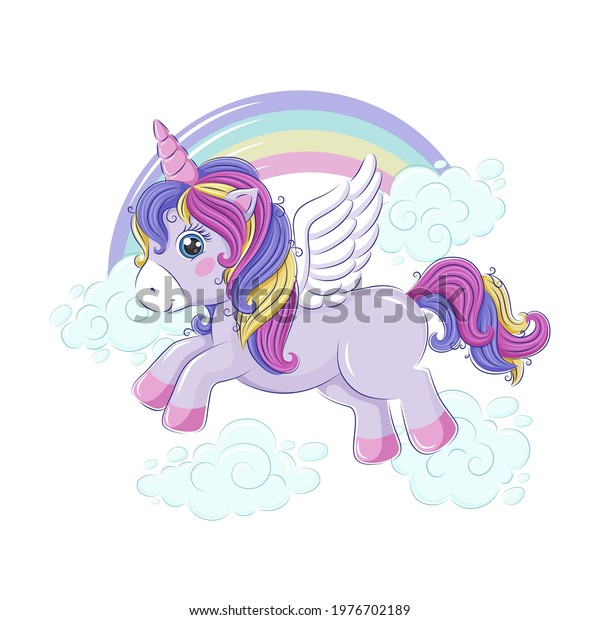 Cute Unicorn Flying Over Rainbow Across 스톡 벡터(로열티 프리) 1976702189 ...