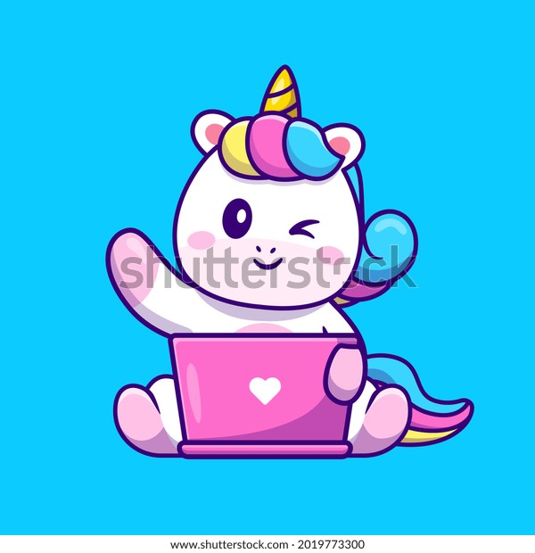 Cute Unicorn Working On Laptop Cartoon Stock Vector (Royalty Free ...