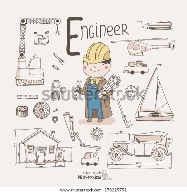 Cute vector alphabet Profession. Letter E - Engineer