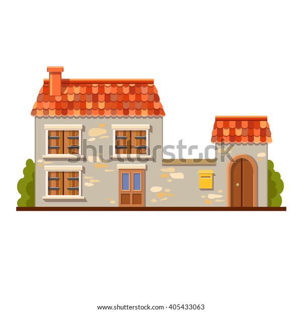 bonita casa vectorial con techo de tejas rojas, persianas de madera ...