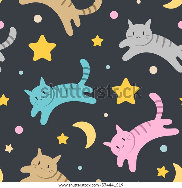 Cute Vector Pattern Cats Stars Moon Stock Vector (Royalty Free) 574441519