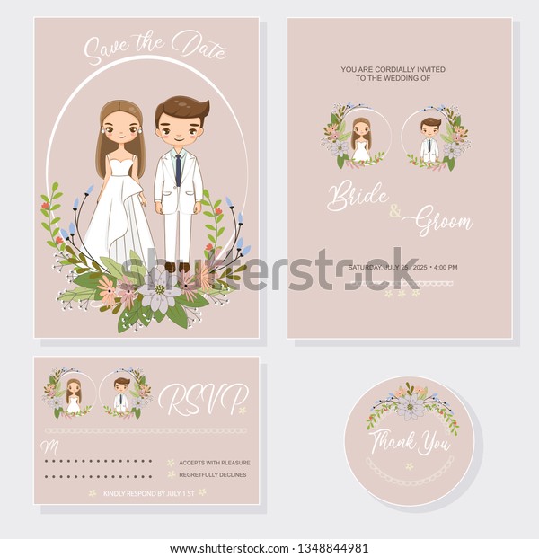 Cute Wedding Couple Invitations Set Template Stock Vector (Royalty Free ...