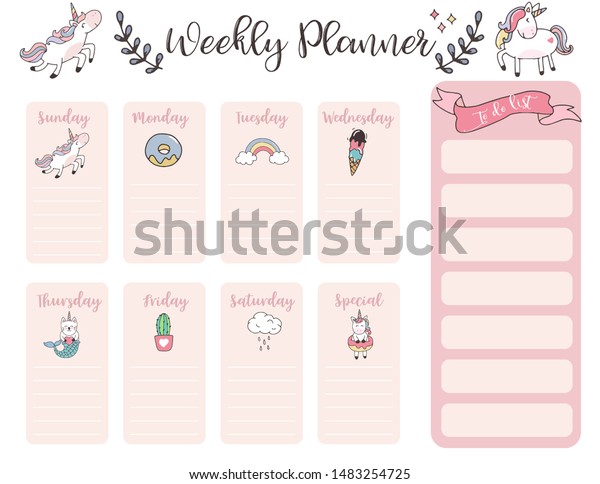 Cute Weekly Planner Background Unicornrainbowice Creamcloudvector Stock ...