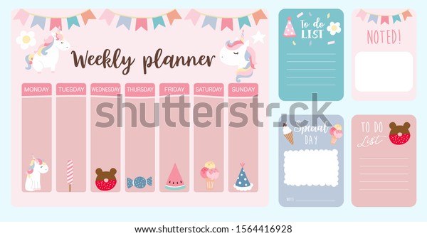 Cute Weekly Planner Background Unicornrainbowice Creamcloudvector ...